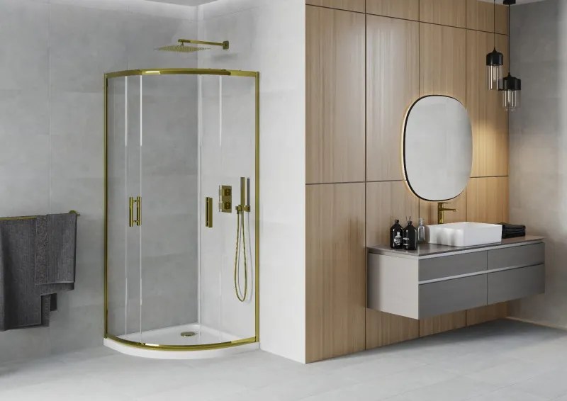 Mexen Rio, čtvrtkruhový sprchový kout s posuvnými dveřmi 80 (dveře) x 80 (dveře) x 190 cm, 5mm čiré sklo, zlatý profil + bílá sprchová vanička SLIM, 863-080-080-50-00-4110G
