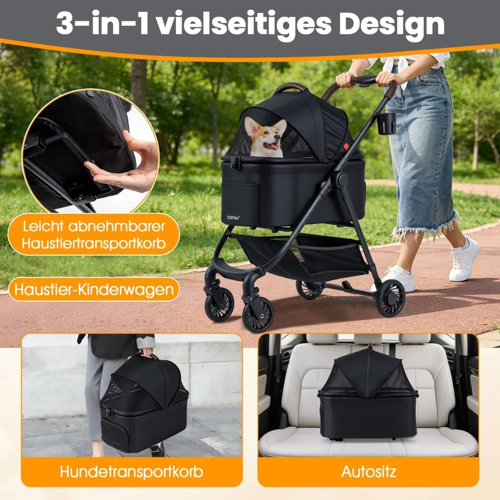 Costway 3 v 1 Pet Buggy s odnímatelným nosičem a nastavitelnou