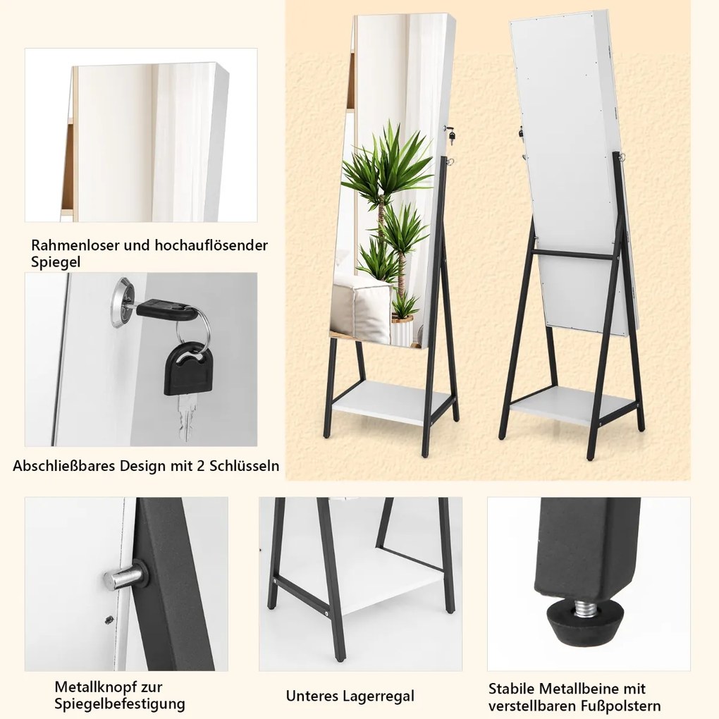 Costway Šperkovnice se zrcadlem a 3 barevným LED osvětlením – 41,5 × 37 × 157 cm