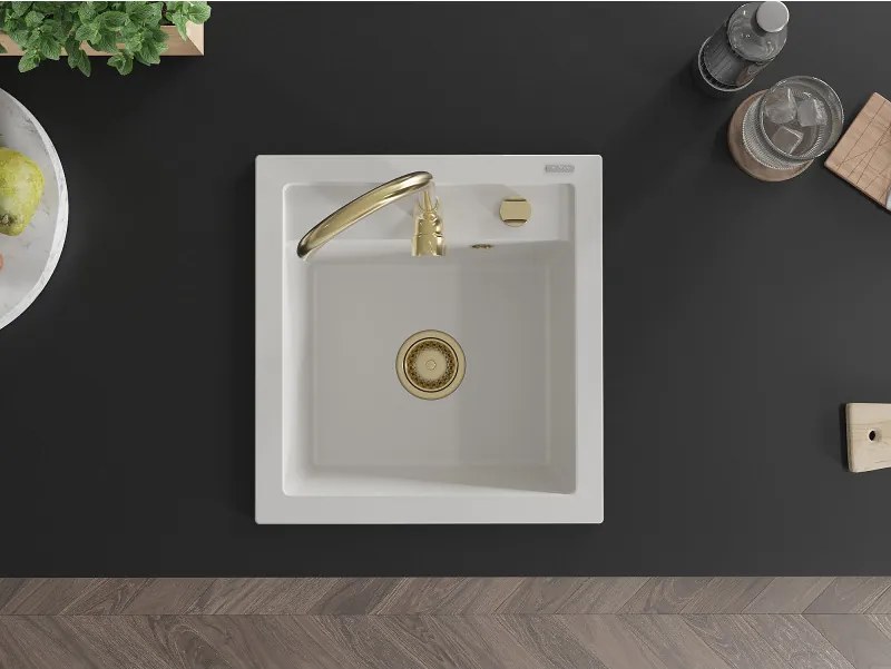 Mexen Vito, granitový dřez 520x490x210 mm, 1-komorový, bílá se zlatým sifonem, 6503521000-20-G