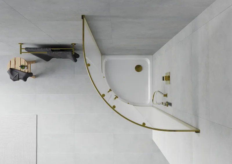 Mexen Rio, čtvrtkruhový sprchový kout s posuvnými dveřmi 80 (dveře) x 80 (dveře) x 190 cm, 5mm sklo námraza, zlatý profil + bílá sprchová vanička SLIM, 863-080-080-50-30-4110G