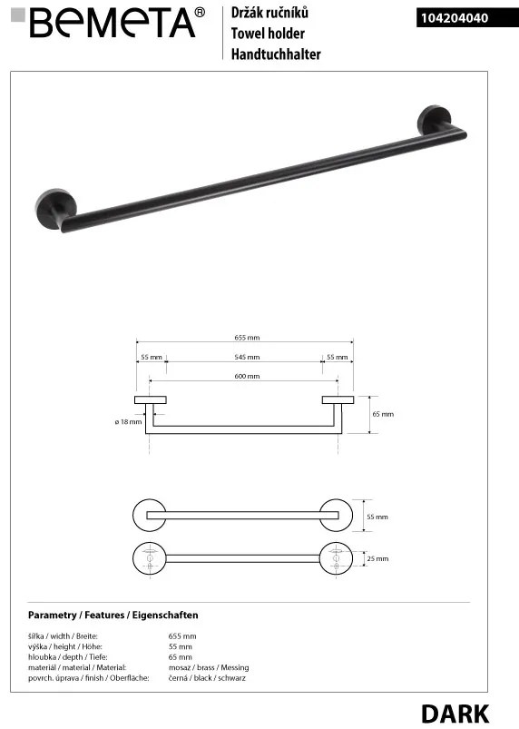 Bemeta Design DARK: Držák ručníků, 600 mm - 104204040