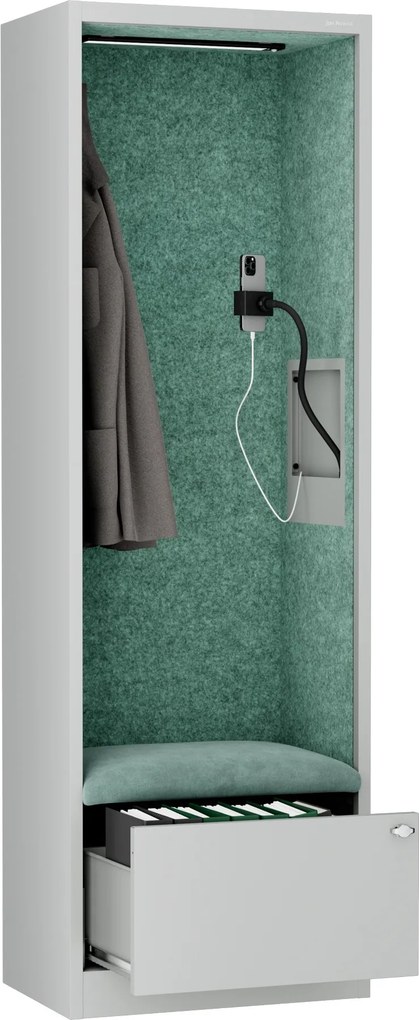 Kancelářská akustická kabina se sedátkem a USB-C portem, korpus šedý / sedák zelený, 600 mm: SALLY MentalBox