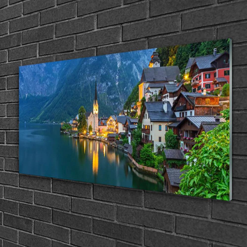 Obraz na skle Hory Městečko Noc Jezero 100x50 cm