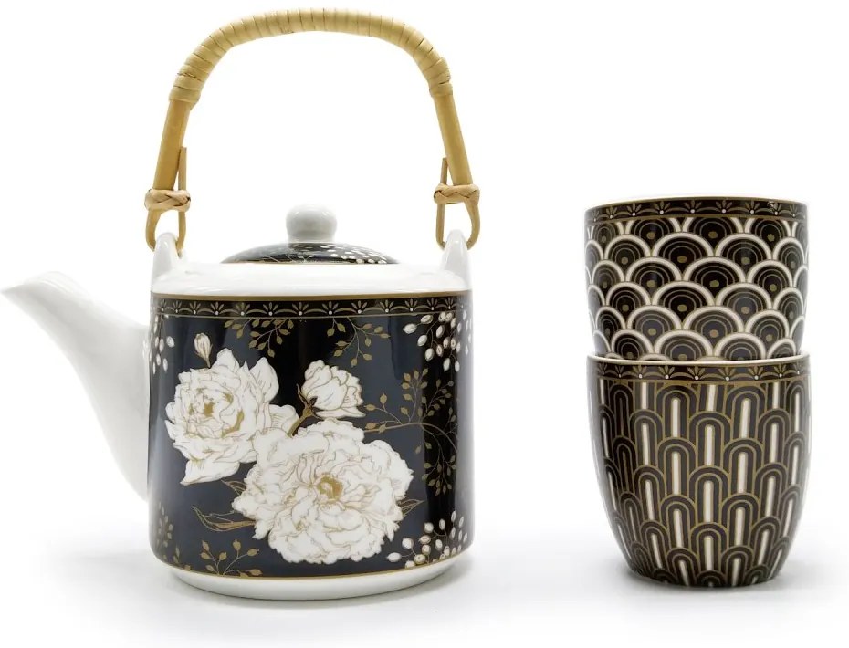 Porcelánová čajová souprava Art Deco, konvice 0,6 l – s bambusovým držadlem, se 2 šálky, art deco design, s nerezovým sítkem