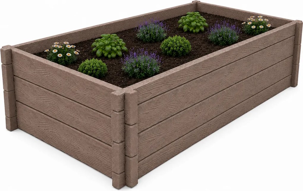 Báča Beton Betonový vyvýšený záhon - imitace dřeva 200 x 136 cm Výška záhonu: 25 cm, Barva záhonu: Hnědá