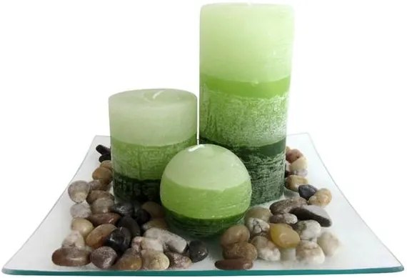 Dárkový set 3 svíčky s vůní &quot;zelený čaj&quot; na skleněném podnosu s kameny