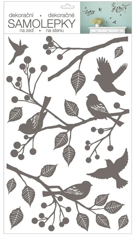 , E-shop24, 32 x 59 cm,  Samolepicí dekorace Větve s ptáčky