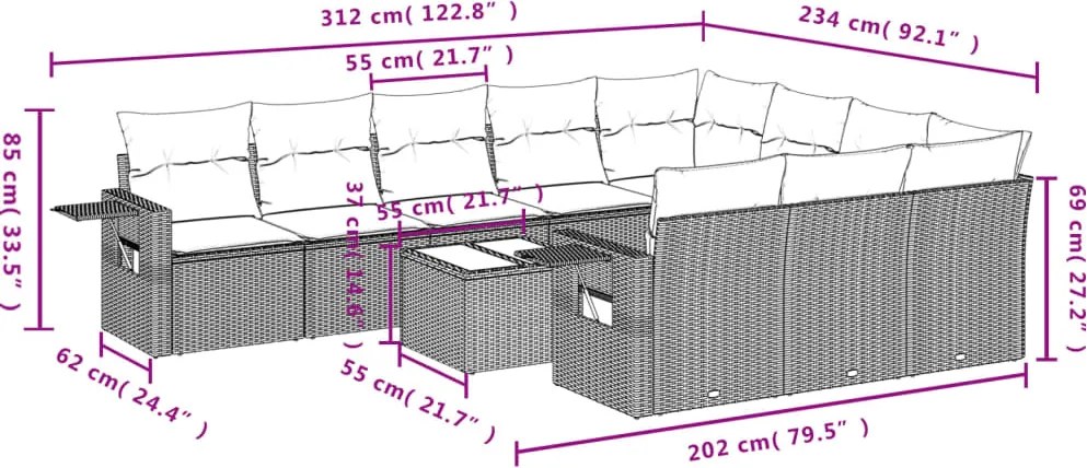 11dílná zahradní sedací souprava s poduškami šedá polyratan 3253039