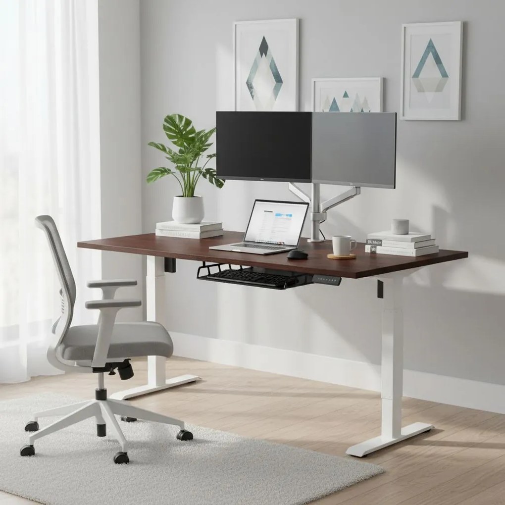 Výškově nastavitelný stůl OfficeTech B, 140 x 80 cm, bílá podnož, wenge