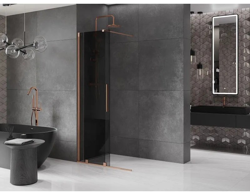 Mexen Velar, sprchová zástěna s posuvnými dveřmi Walk-in 75 x 200 cm, 8mm šedé sklo, měděná matná, 871-075-000-43-65