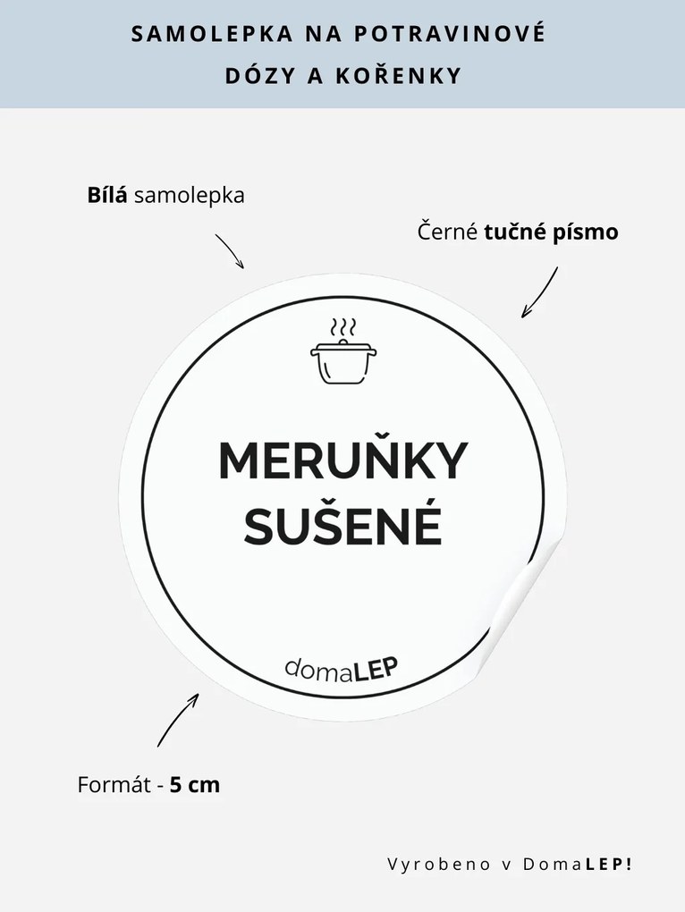 MERUŇKY SUŠENÉ – bílá samolepka na dózu, tučné písmo, 5 cm | DomaLEP