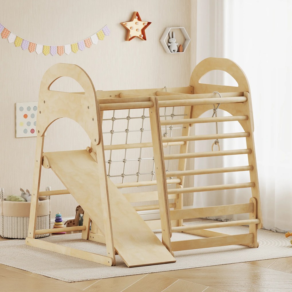 AIYAPLAY Vnitřní horolezecká konstrukce, 6v1 design, skluzavka, lezecké tyče, lezecká stěna, žebřík, lezecká síť, 3-6 let, dřevo