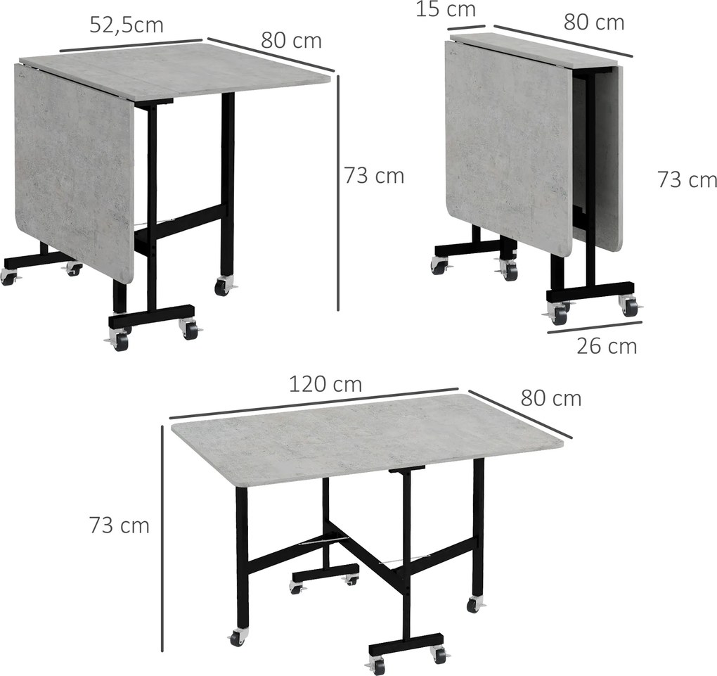 HOMCOM Rozkládací jídelní stůl s kolečky pro 4-6 osob, ocelové nohy, rozkládací 52,5-120 x 80 x 73 cm, ideální do kuchyně a jídelny | Aosom.de