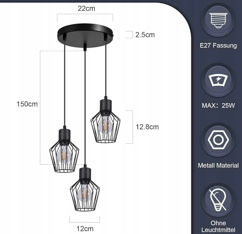 Závěsná lampa lustrová stropní svítidlo na strop černá Led E27 industriální
