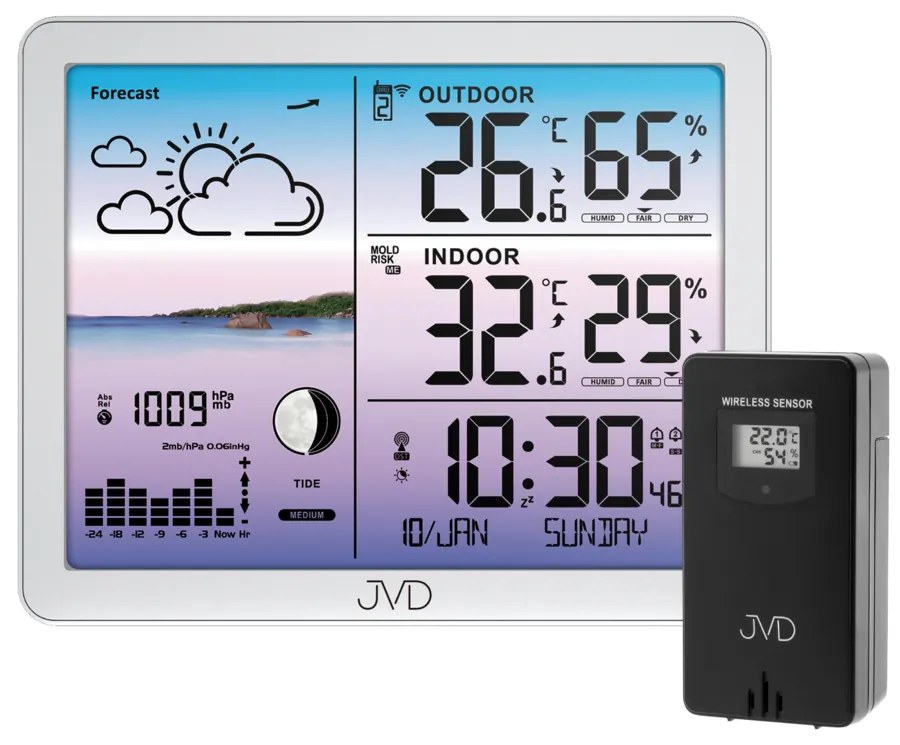 JVD Stříbrná barevná rádiem řízená meteorologická stanice JVD RB3566.2