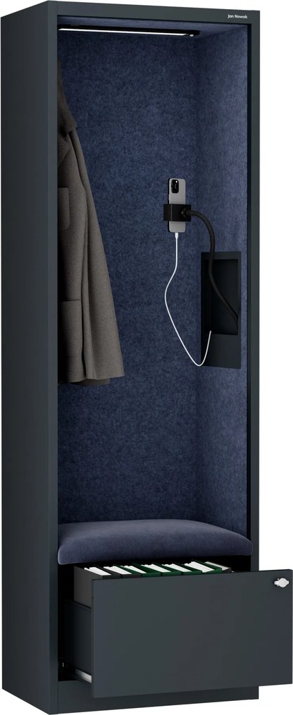 Kancelářská akustická kabina se sedátkem a USB-C portem, korpus antracitový / sedák námořnická modrá, 600 mm: SALLY MentalBox