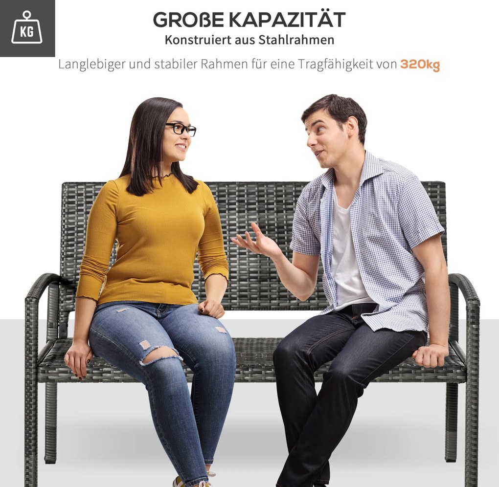 Outsunny zahradní lavice ratanový vzhled parková lavice s ocelovým rámem pro 2 osoby balkonová lavice nosnost až 320 kg šedý zahradní nábytek | Aosom…