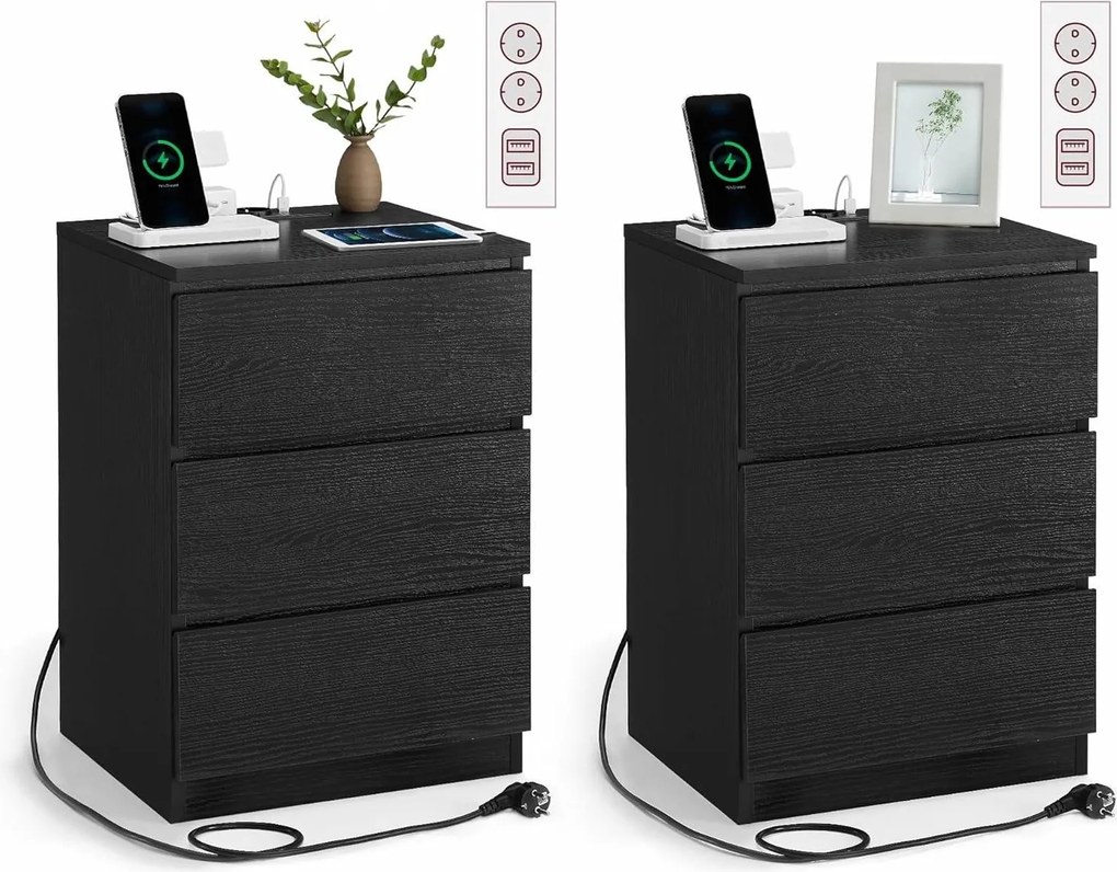 Noční stolek, 2 kusy v sadě, se 2 zásuvkami a 2 USB porty, černý