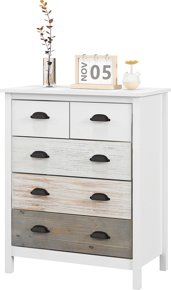 HOMCOM Komoda s 5 zásuvkami, úložný kabinet se zásuvkami a úchyty, ochrana proti převrácení, pro ložnici, obývací pokoj, Bílá, 70 x 38 x 85 cm | Aosom