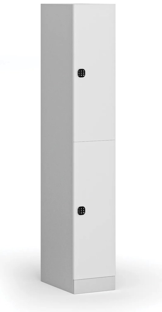 Šatní skříňka S1 s úložnými boxy, 2 boxy, 1850 x 300 x 500 mm, kódový zámek, laminované dveře, bílá