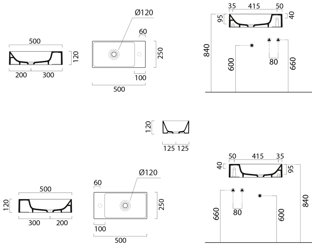 Sapho, KUBE X keramické umyvadlo 50x25 cm, umyvadlová baterie vpravo, černá matná