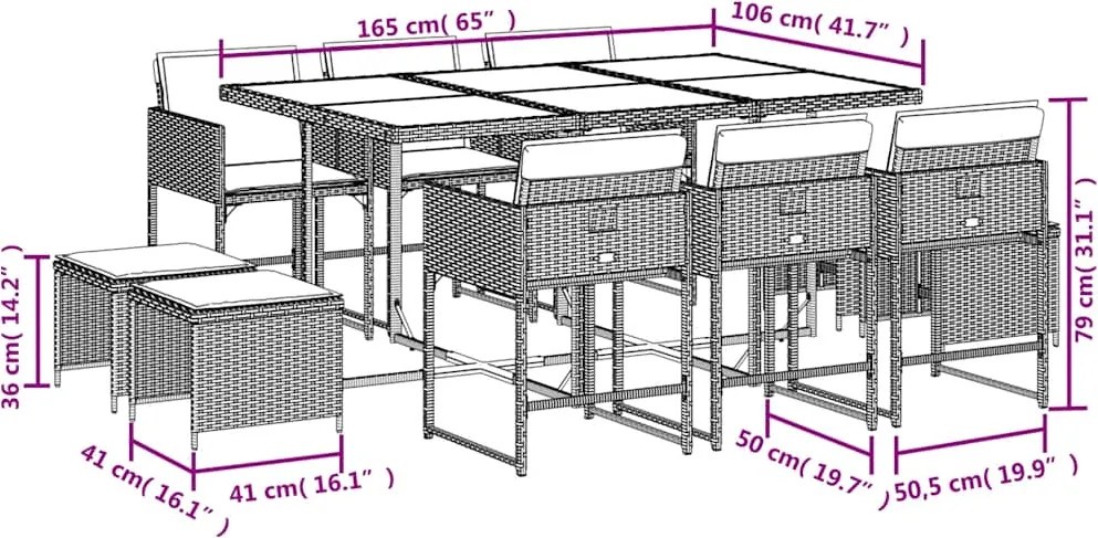 11dílný zahradní jídelní set s poduškami černý polyratan 3211326
