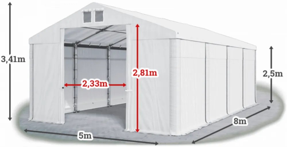 Garážový stan 5x8x2,5m střecha PVC 560g/m2 boky PVC 500g/m2 konstrukce ZIMA Šedá Zelená Červené