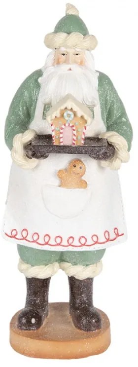 Vánoční dekorace Santa Claus pekař s perníkovým domečkem v zeleném šatu – 11x11x30 cm