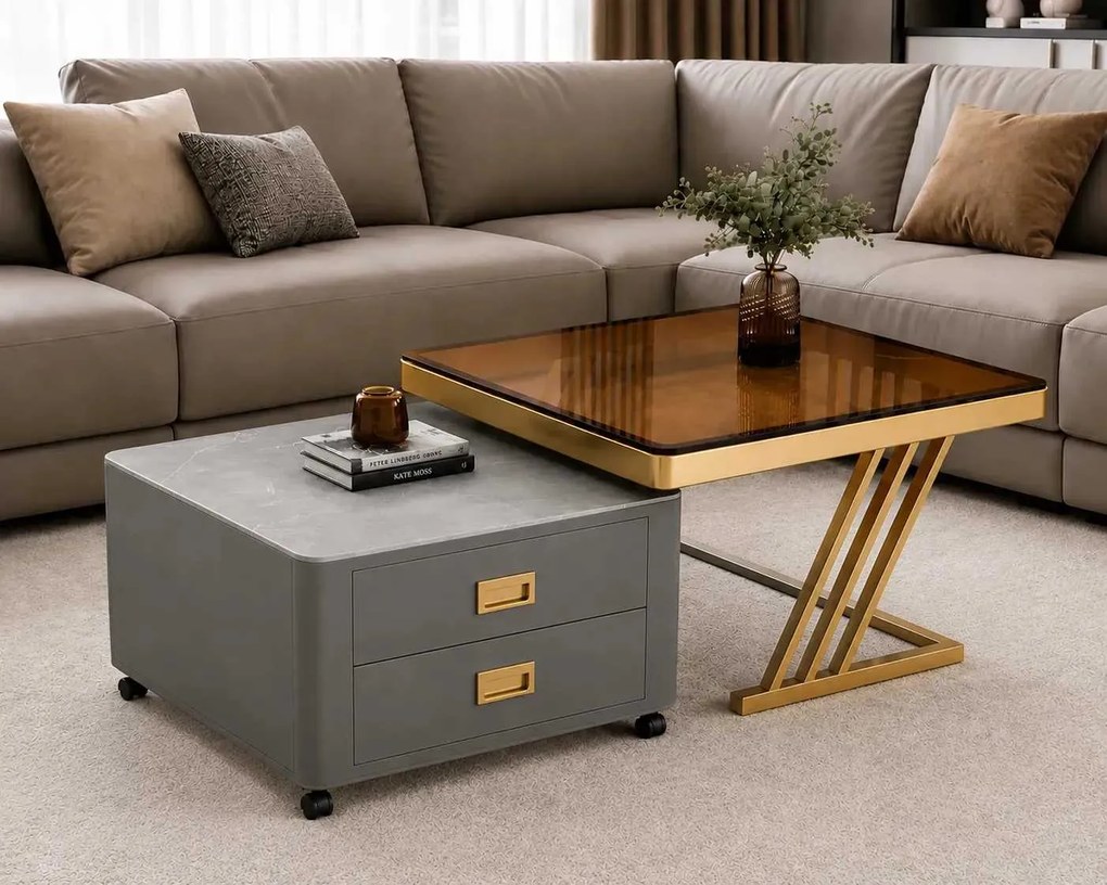 LuxuryForm DESIGN Konferenční stolek BOLT 70 × 70 / 60 × 60 cm – šedý / zlatý (set 2 ks)