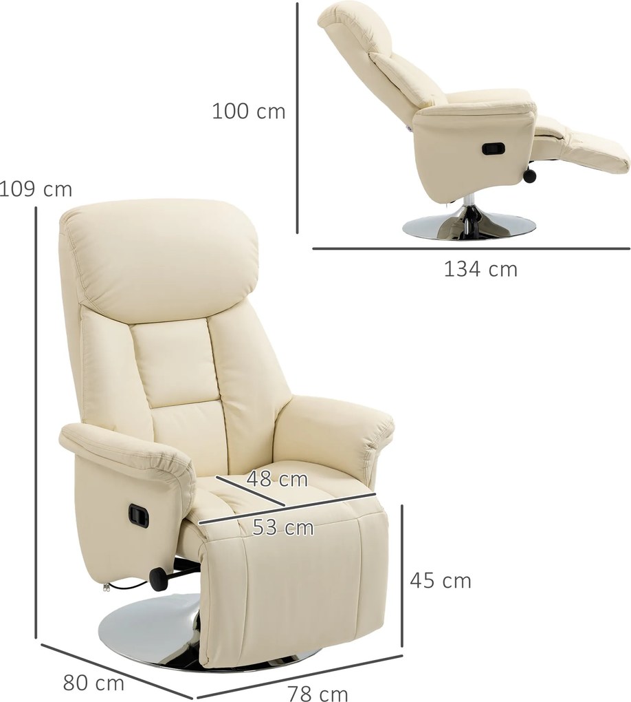 HOMCOM Relaxační křeslo s nastavitelnou opěrkou a 360° otočením, umělá kůže, do 150 kg, pro obývací pokoj, ložnici, domácí kino, krémové