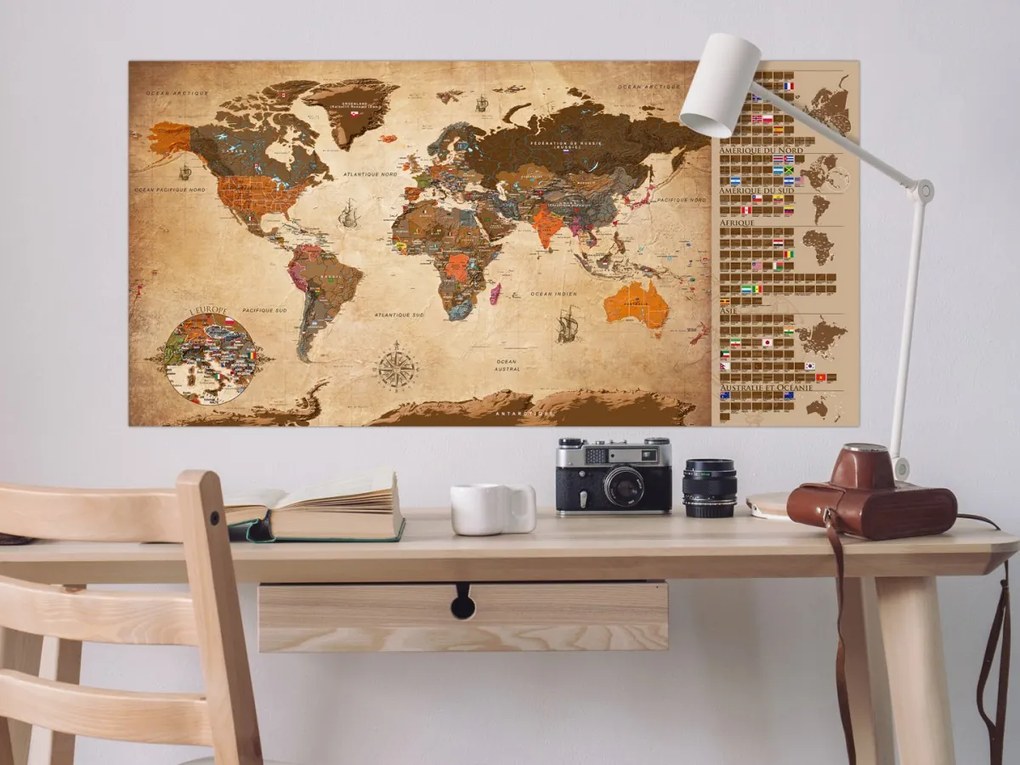 Murando DeLuxe Hnědá stírací mapa světa French Velikost (šířka x výška): 100x50 cm