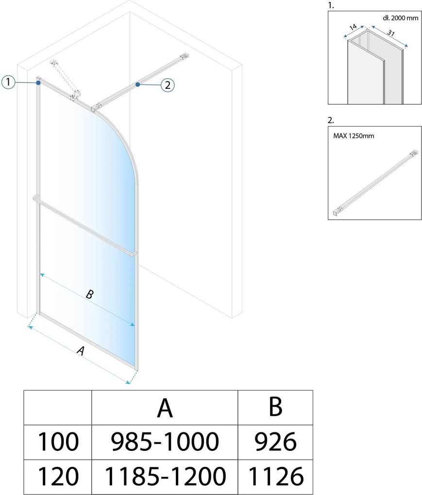 Rea SKY, sprchová zástěna WALK-In 100x200 cm, 8mm čiré sklo, zlatá matná, KPL-K4330