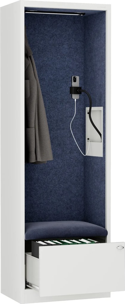 Kancelářská akustická kabina se sedátkem a USB-C portem, korpus bílý / sedák námořnická modrá, 600 mm: SALLY MentalBox