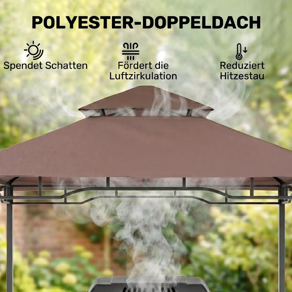 Grilovací pavilon Outsunny – zahradní stříška s policemi, nehořlavá dvojitá střecha, káva hnědá 245 x 148 x 252 cm