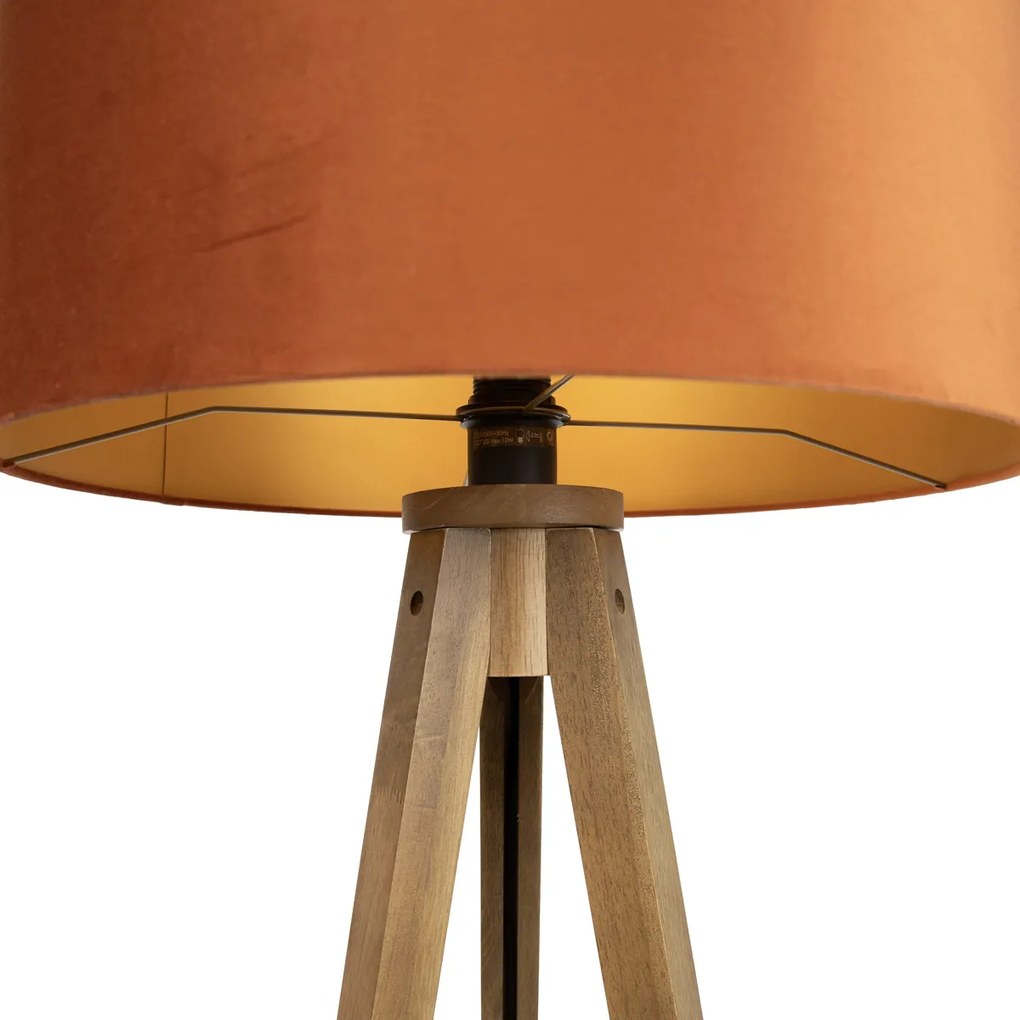 Dřevěná stojací lampa s oranžovým stínidlem a zlatým vnitřkem 50 cm - Tripod Classic
