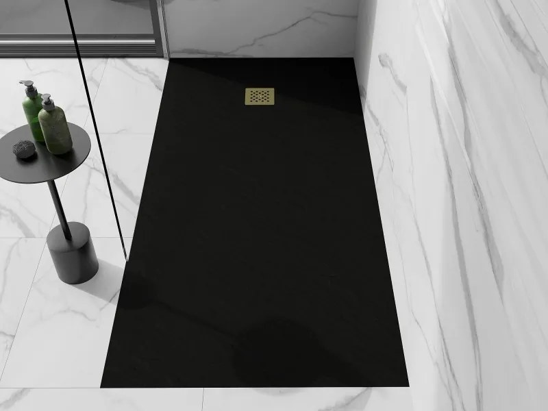 Mexen Stone+, obdélníková vanička z minerálního kompozitu 180 x 100 cm, černá, zlatá lesklá krytka, 44701018-G