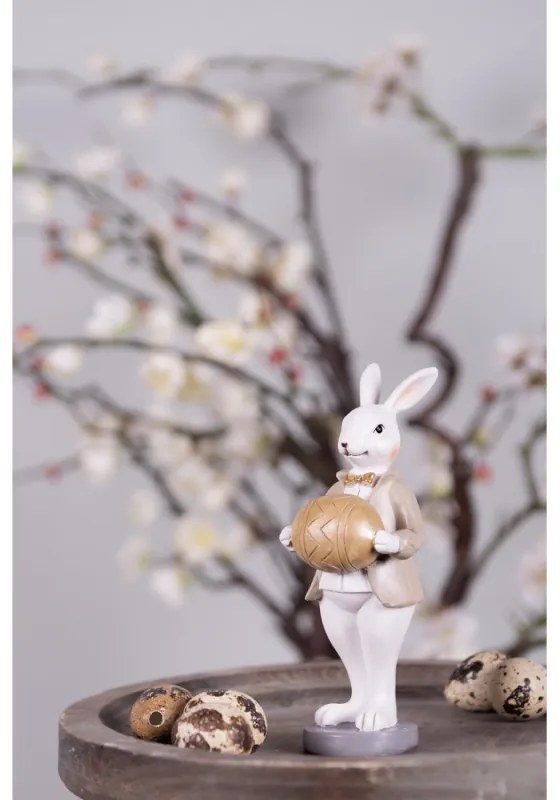 Velikonoční dekorace králík v hnědém kabátku držící vajíčko – 6x6x15 cm