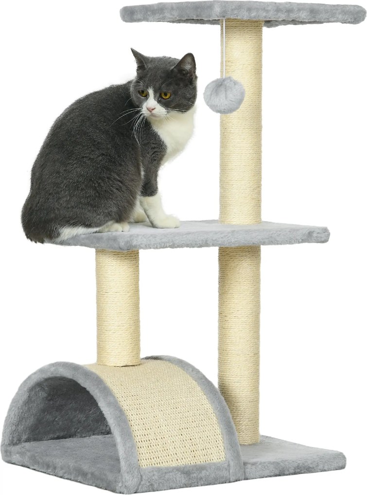 PawHut 72 cm kočičí strom s plyšovými míčky, sisalovými sloupky, platformou a škrabacím padákem – vícestupňový kočičí strom, lezení pro středně velké