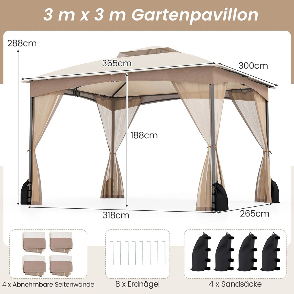 Costway Altán skládací pavilon s 4 pytli s pískem a 4 moskytiérou a – 3 × 3,6 m