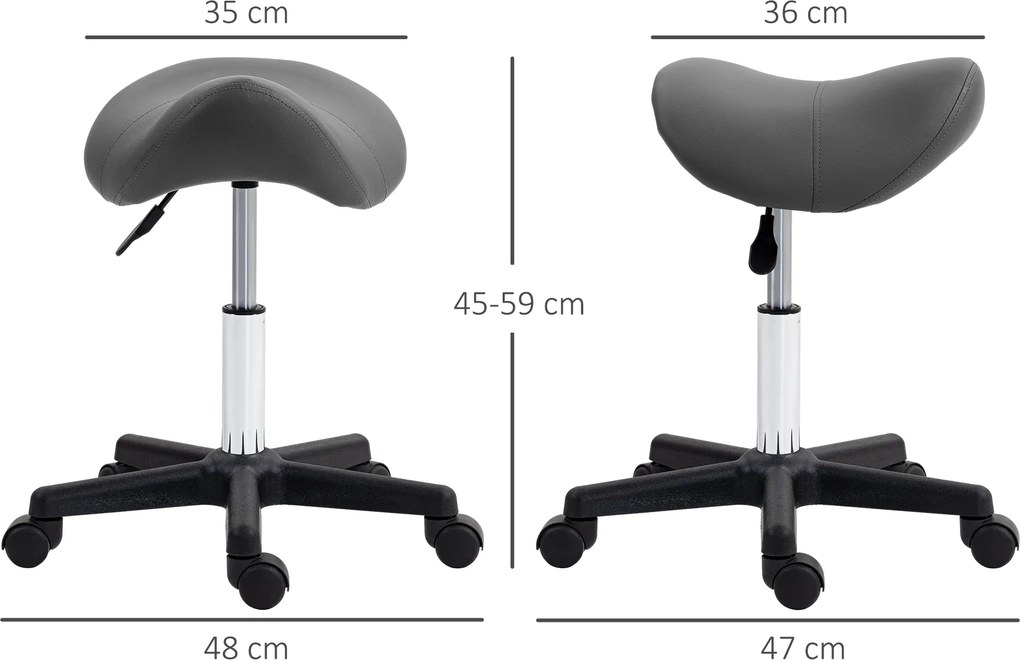 HOMCOM Pojízdná stolička, sedlo ve tvaru sedla, výškově nastavitelná, otočná o 360°, umělá kůže, šedá, 48 x 47 x 45-59 cm
