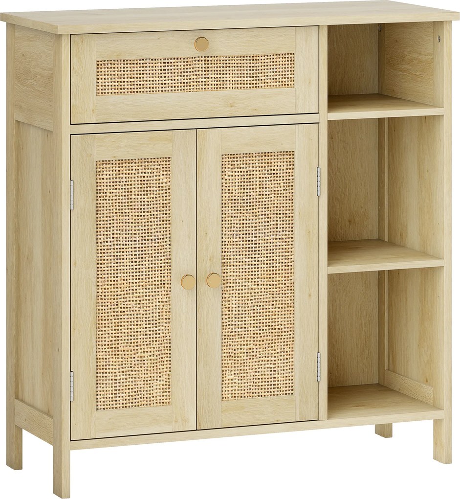 HOMCOM Bufetová skříňka, úložný nábytek, 2 ratanové dvířka, zásuvka, otevřené police, nastavitelné police, 75x30x79,5 cm, přírodní dřevěný efekt