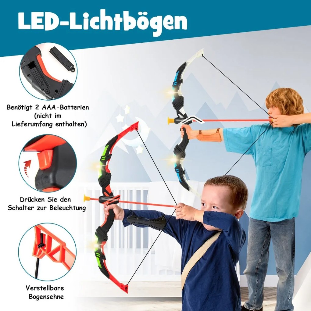 Costway Sada dětských luků a šípů 2 Pack Sada hraček pro lukostřelbu s LED
