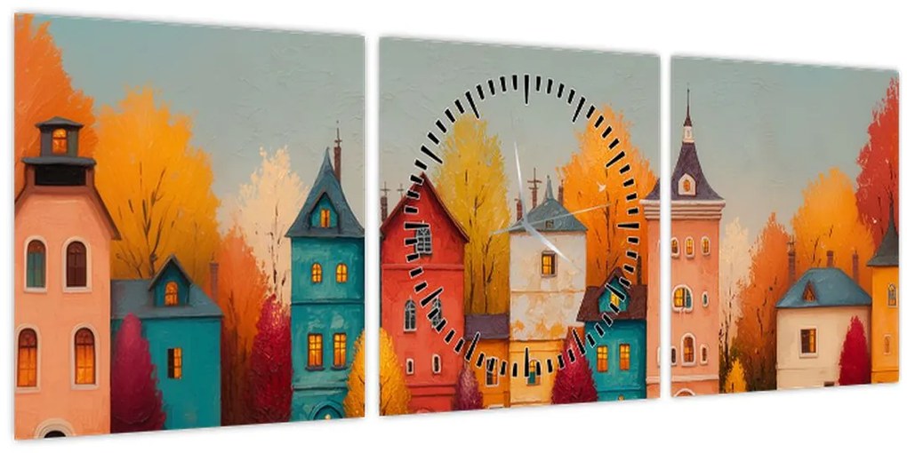 Obraz - Podzimní vesnice (s hodinami) (90x30 cm)