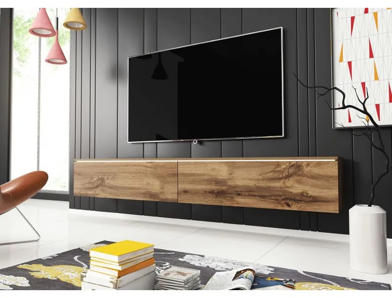 TV stolek Dlone 180, Barva: matera / bílý lesk, Osvětlení: osvětlení LED - bílé