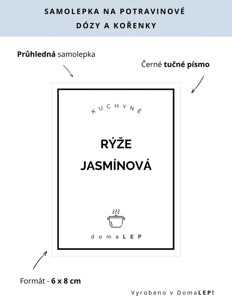 RÝŽE JASMÍNOVÁ – průhledná samolepka na dózu, tučné písmo, 6 x 8 cm | DomaLEP