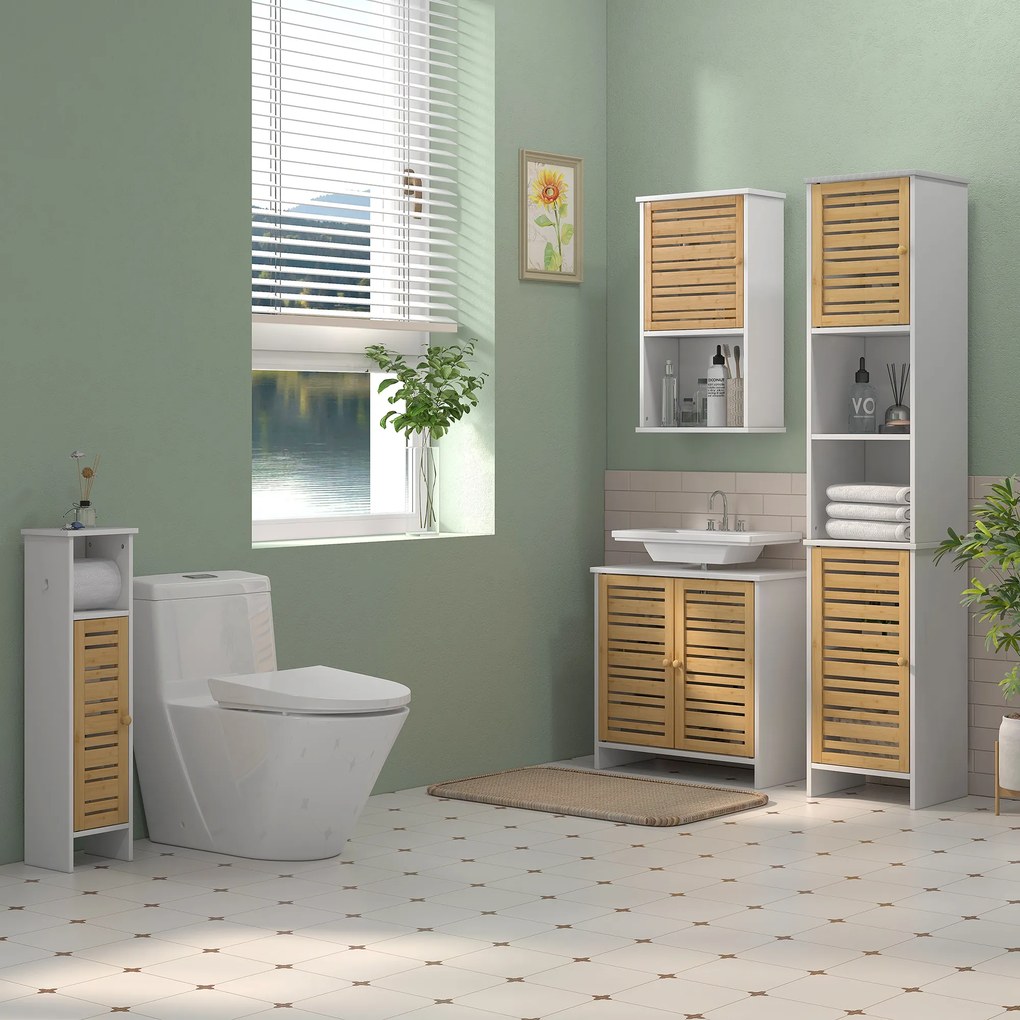 HOMCOM Skříňka pod umyvadlo Moderní koupelnová skříňka s magnetickými dvířky z bambusu a nastavitelnou policí 60x30x60 cm Bílá a přírodní