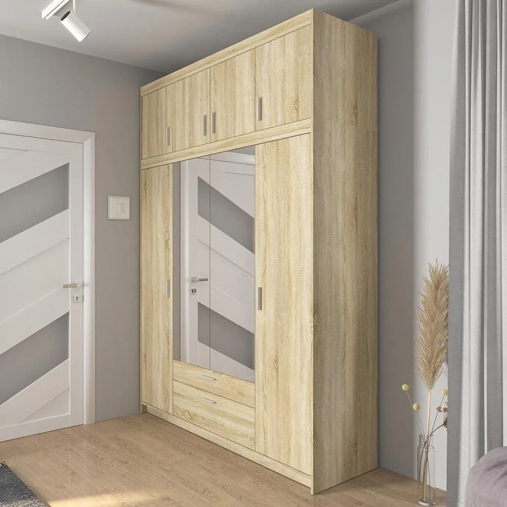 Šatní skříň ELENA 4D 2S + zrcadlo + nástavec | 176,3 cm | dub sonoma