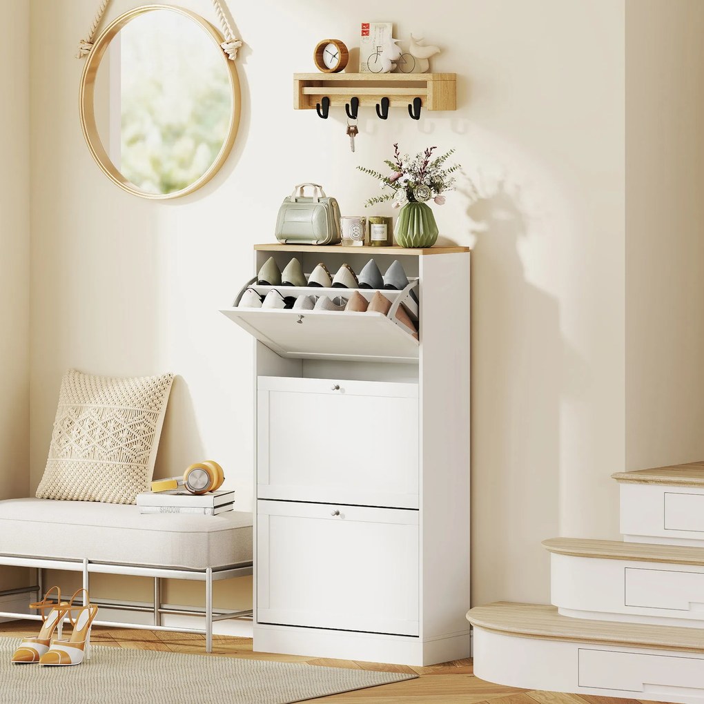 HOMCOM Úzký Botník se 3 Sklápěcími Dvířky, Úložný P prostor pro 18 Párů Bot do Úzkých Chodeb 60x23.5x115 cm Bílý