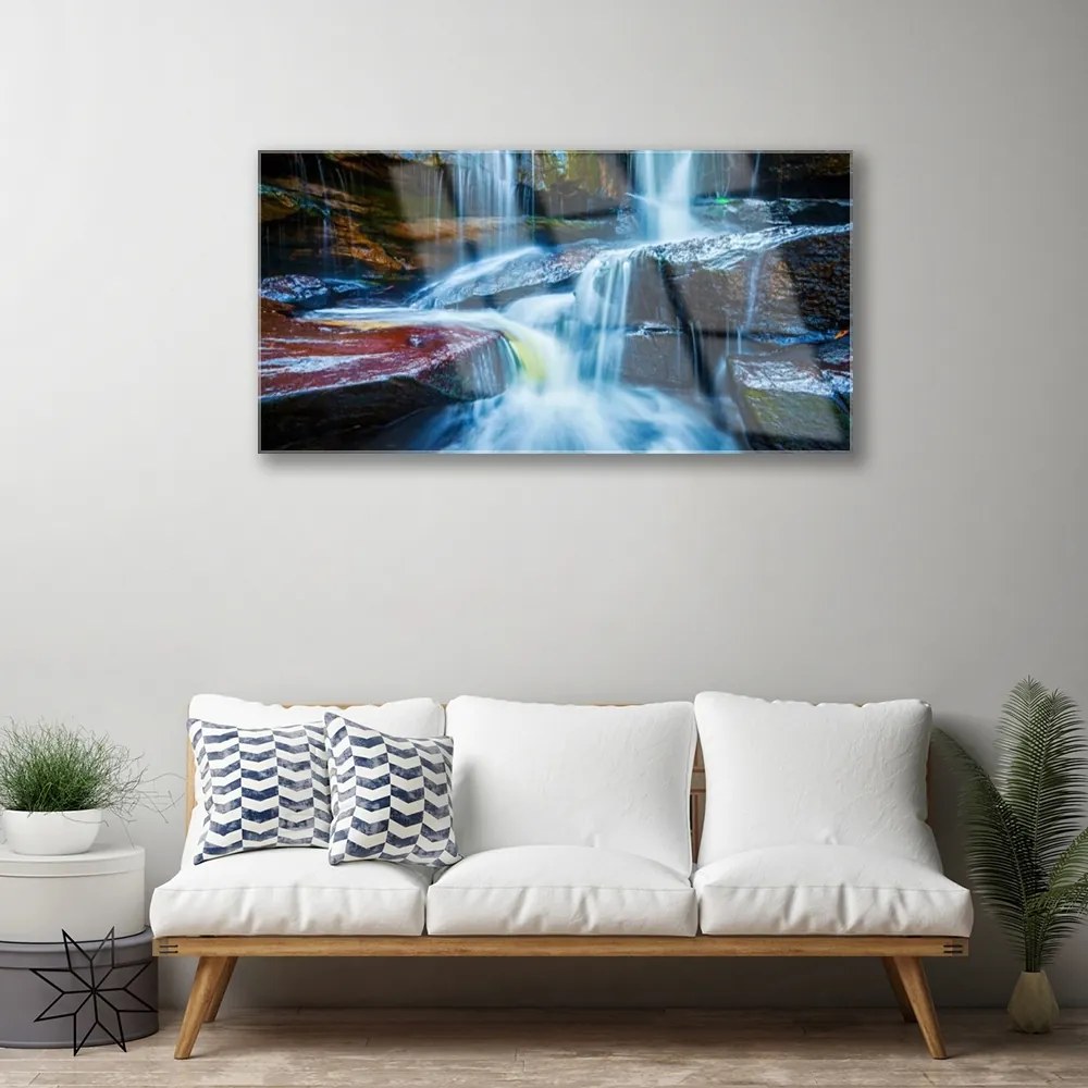 Obraz na skle Skály Vodopád Řeka Příroda 125x50 cm